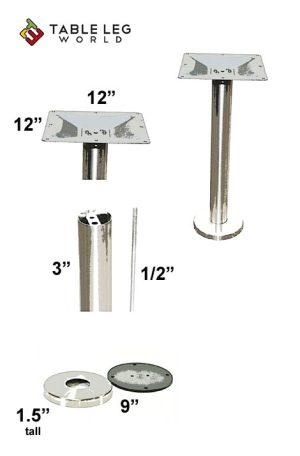 ROVER Floor Bolt Down Table Leg, BEST SELLER, 3" Round Stainless Steel Column, Large Top Plate ...